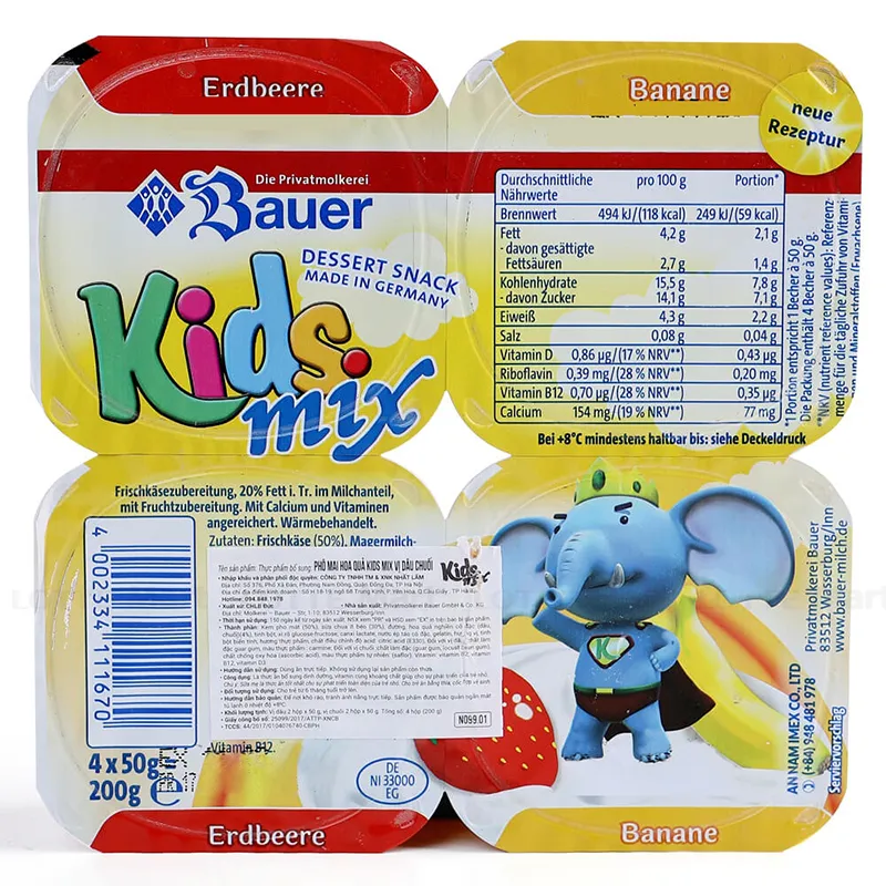 Phô Mai Hoa Quả Kids Mix Vị Dâu Chuối Lốc 4 Hộp 50g