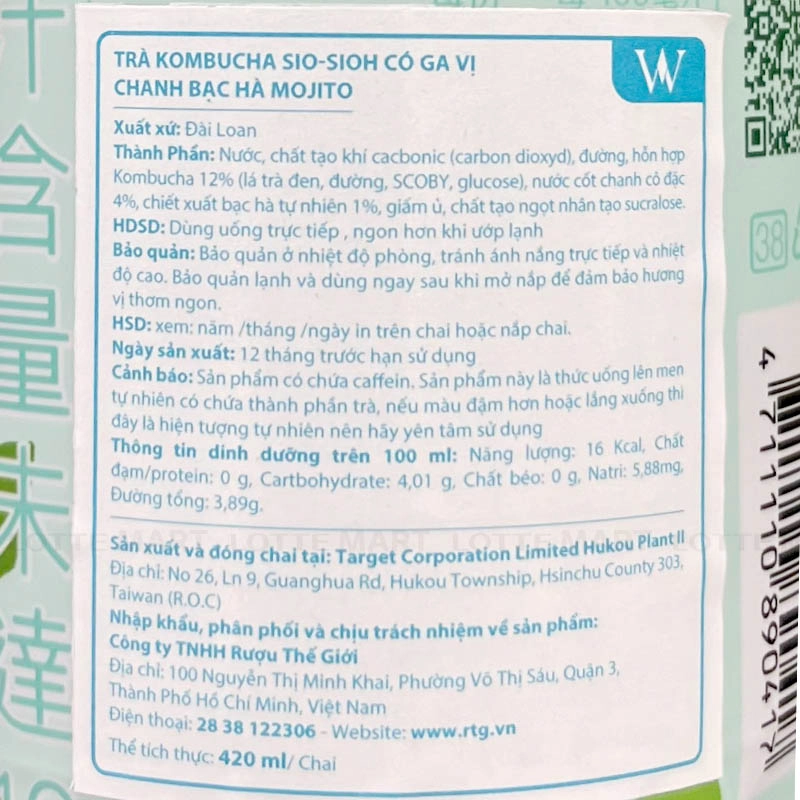 Nước Kombucha Sio-Sioh Vị Chanh Bạc Hà Chai 420ml