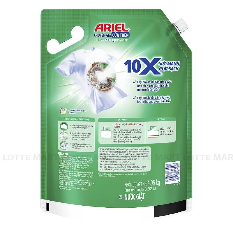 Nước Giặt Ariel Sức Mạnh Giặt Sạch 10x Cho Máy Giặt Cửa Trên Túi 4.05kg