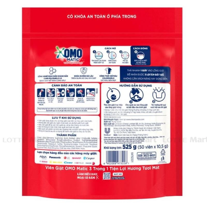 Viên Giặt OMO 3 Trong 1 Hương Tươi Mát Túi 50 Viên