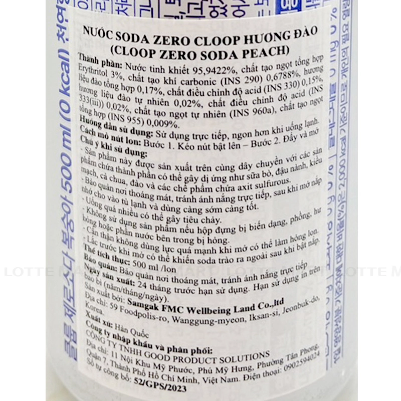 Nước Soda Zero Cloop Vị Đào Lon 500ml