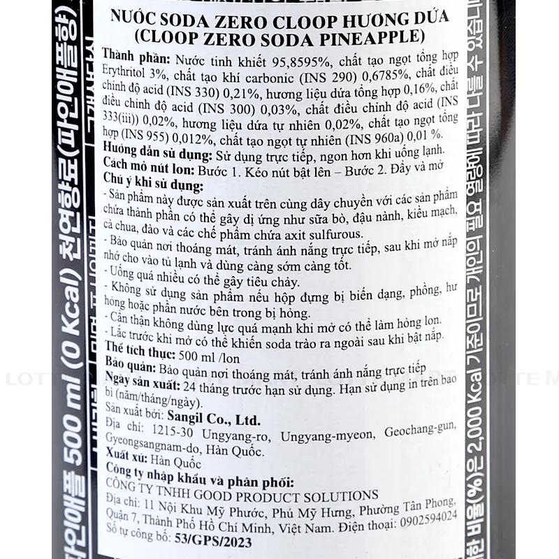 Nước Soda Zero Cloop Vị Dứa Lon 500ml