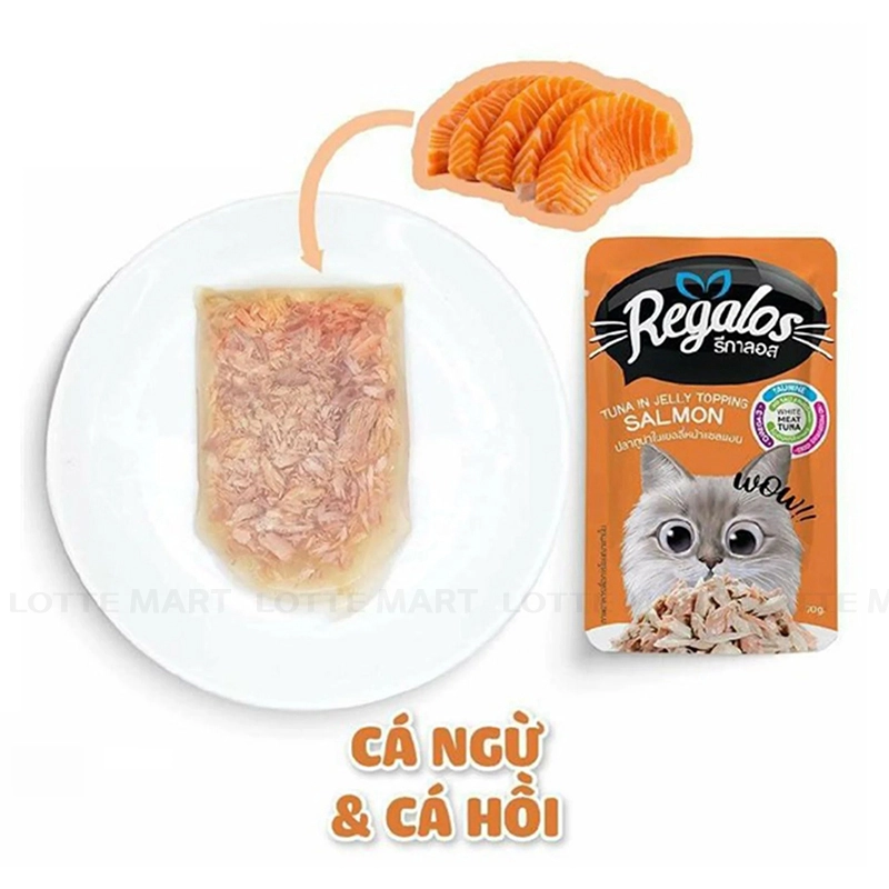 Pate Cho Mèo Dạng Jelly Regalos Vị Cá Ngừ Topping Cá Hồi 70g