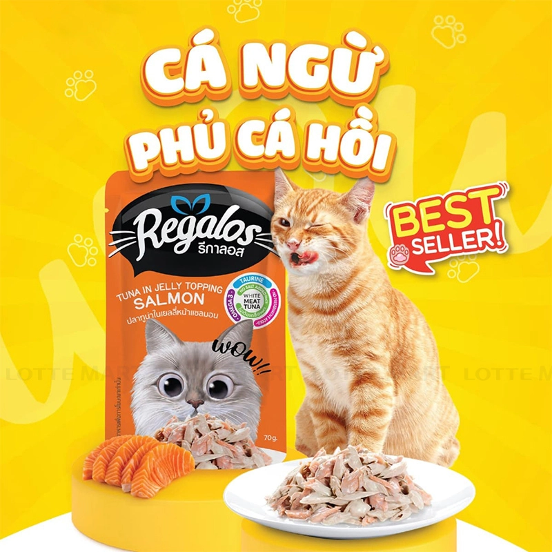 Pate Cho Mèo Dạng Jelly Regalos Vị Cá Ngừ Topping Cá Hồi 70g