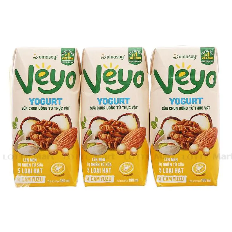 Sữa Chua Uống Từ Thực Vật Vinasoy Veyo Vị Cam Lốc 3 Hộp 180ml