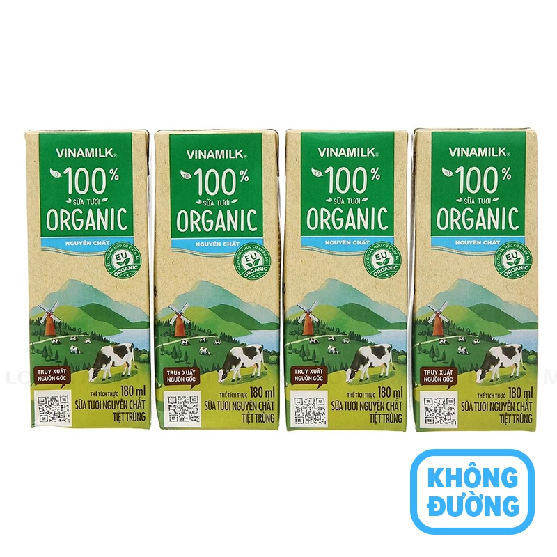Sữa Tươi Tiệt Trùng Vinamilk 100% Organic Không Đường Lốc 4 Hộp 180ml