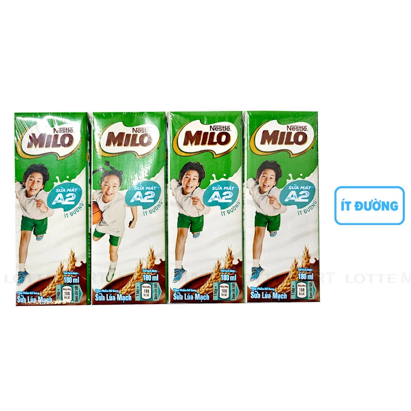 Sữa Lúa Mạch Nestle Milo A2 Ít Đường Lốc 4 Hộp 180ml