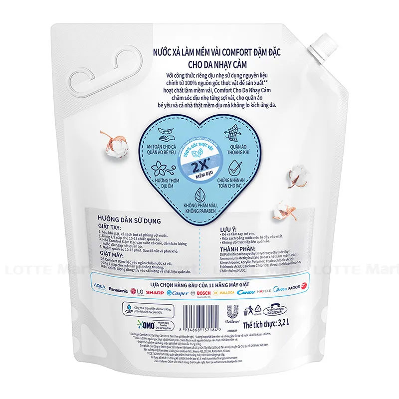 Nước Xả Vải Comfort Em Bé Cho Da Nhạy Cảm Túi 3.2L