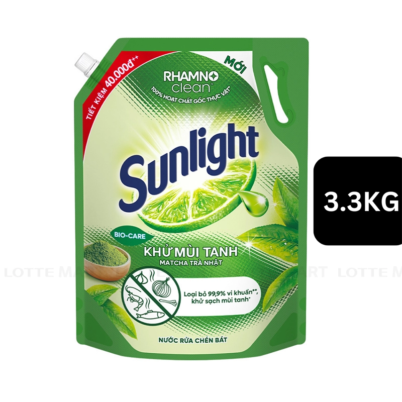 Nước Rửa Chén Sunlight Khử Mùi Tanh Hương Matcha Túi 3.3kg