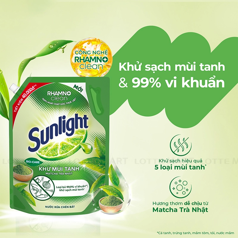 Nước Rửa Chén Sunlight Khử Mùi Tanh Hương Matcha Túi 3.3kg