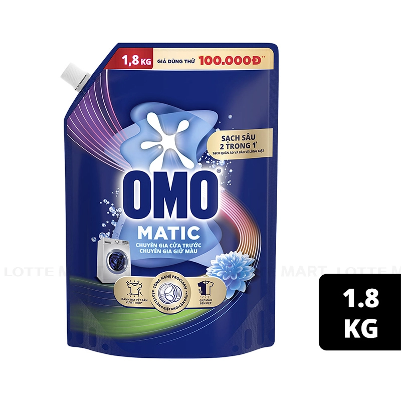 Nước Giặt Omo Matic Cửa Trước Bền Đẹp Lựu Tre Túi 1.8kg
