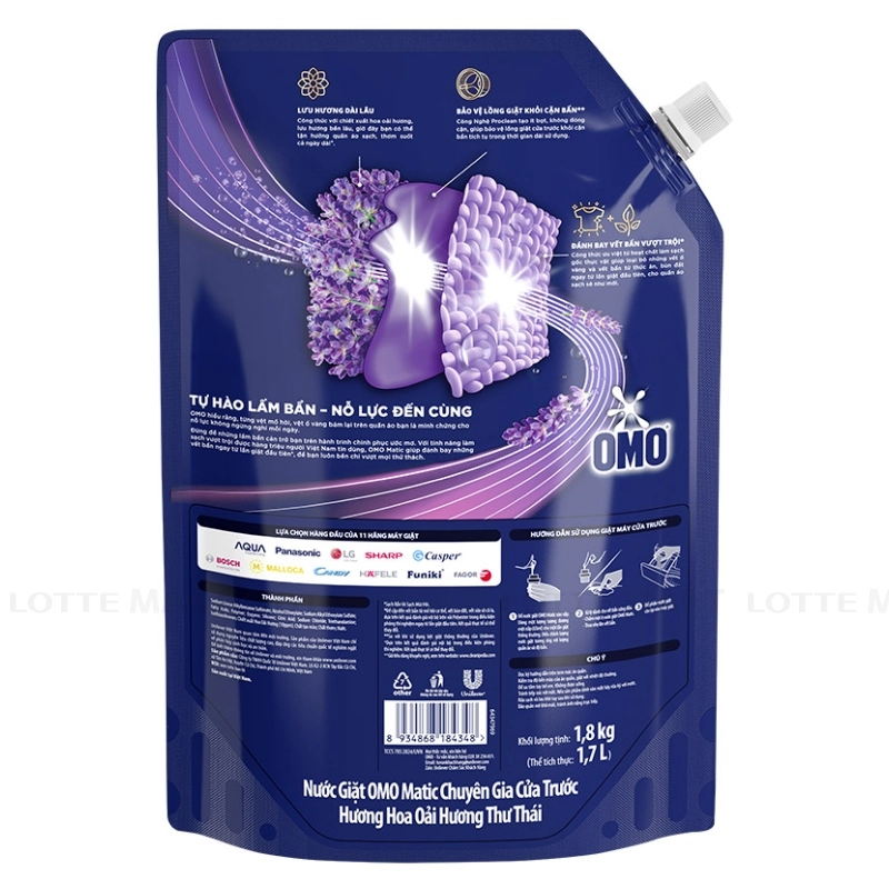 Nước Giặt Omo Matic Cửa Trước Khử Mùi Hoa Oải Hương 1.8kg
