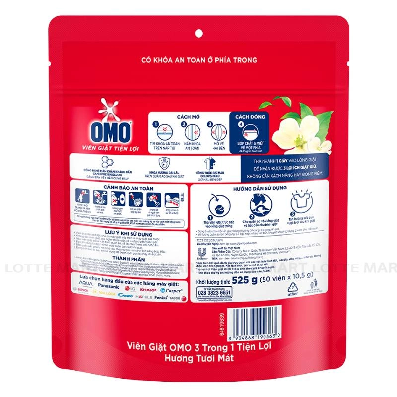 Viên Giặt OMO 3 Trong 1 Hương Tươi Mát Túi 50 Viên