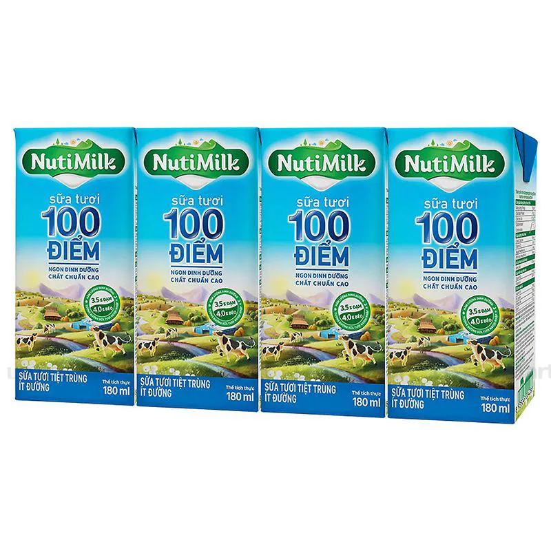 Lốc 4 Hộp Sữa Tươi Tiệt Trùng 100 Điểm Nutimilk Ít Đường Hộp 180ml