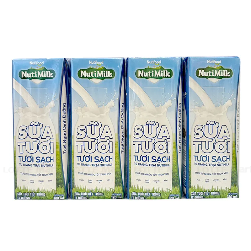 Sữa Tươi Tiệt Trùng Nutimilk 100 Điểm Ít Đường Lốc 4 Hộp 180ml