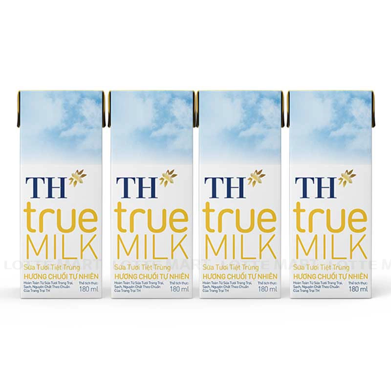 Lốc 4 Hộp Sữa Tươi Tiệt Trùng TH true Milk Hương Chuối 180ml