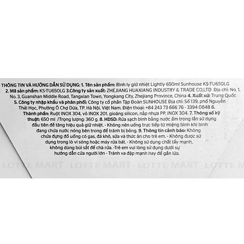 Ly Giữ Nhiệt Sunhouse Lightly KS-TU650LG 650ml