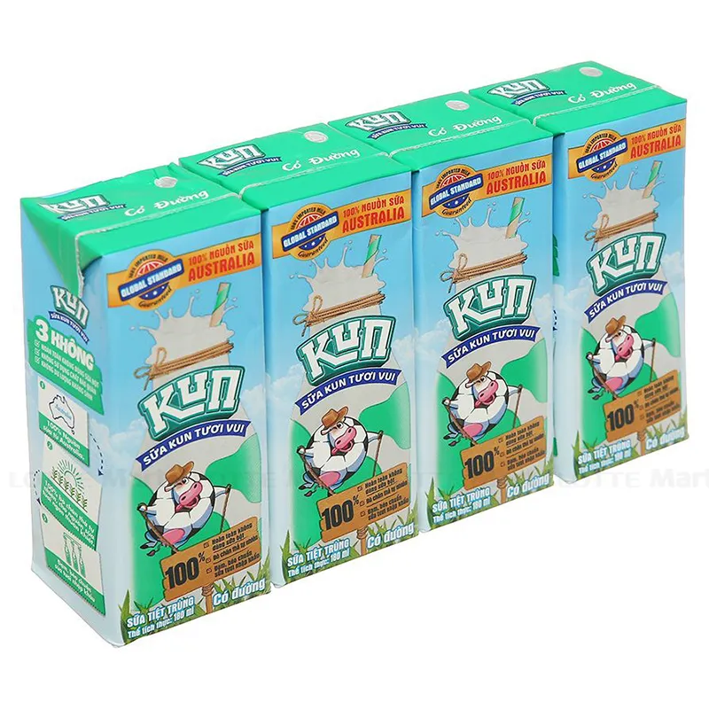 Sũa Tươi Tiệt Trùng Kun Sữa Kun Vui Tươi Có Đường Lốc 4 Hộp 180ml