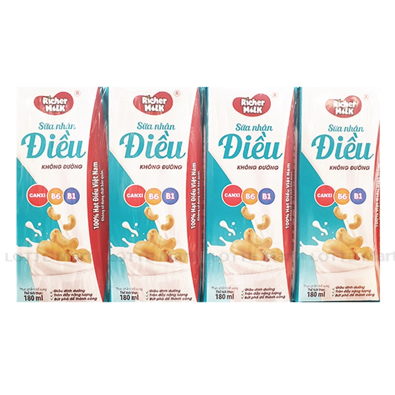 Sữa Hạt Điều Richer Milk Không Đường Lốc 4 Hộp 180Ml