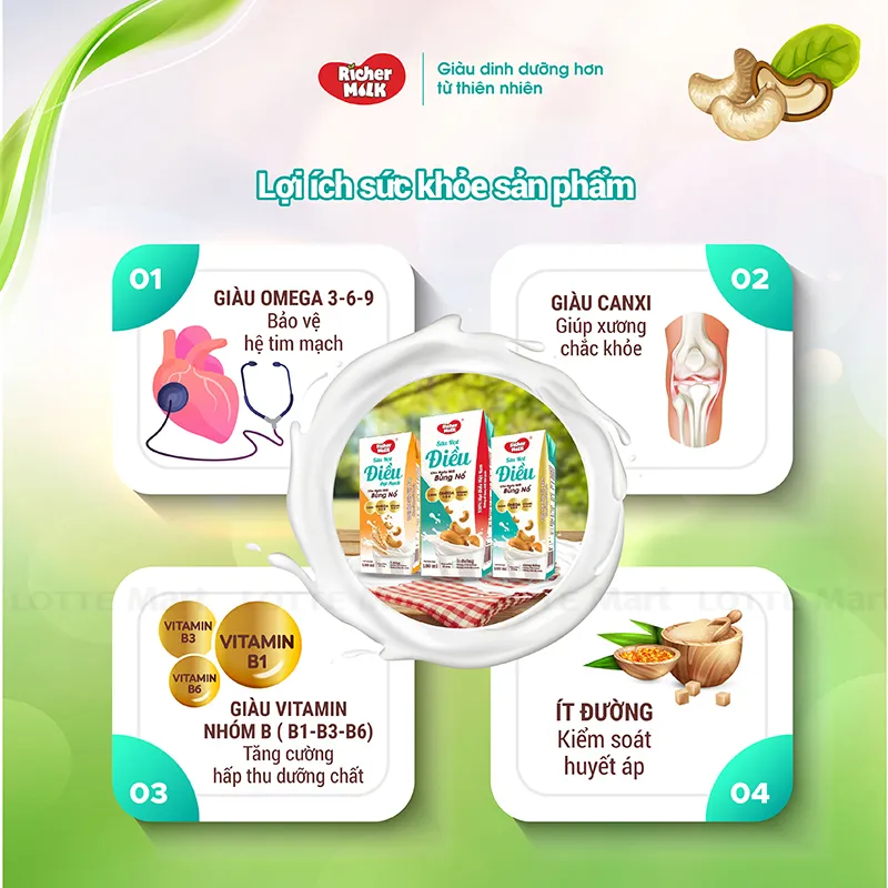 Sữa Hạt Điều Richer Milk Ít Đường Lốc 4 Hộp 180ml