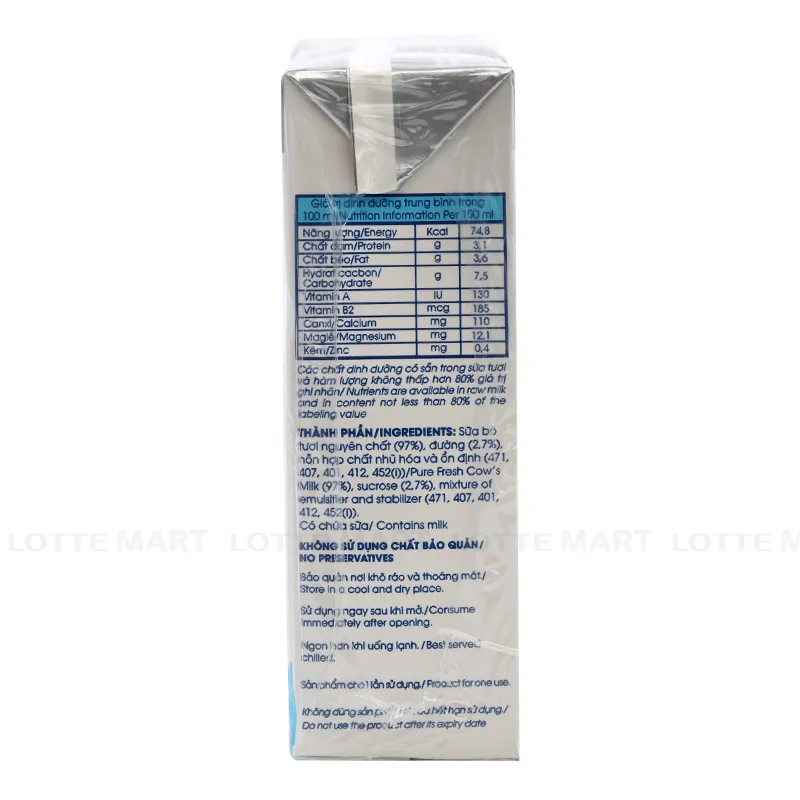 Sữa Tươi Tiệt Trùng VPMilk Đà Lạt True Milk Ít Đường Lốc 4 Hộp 180ml