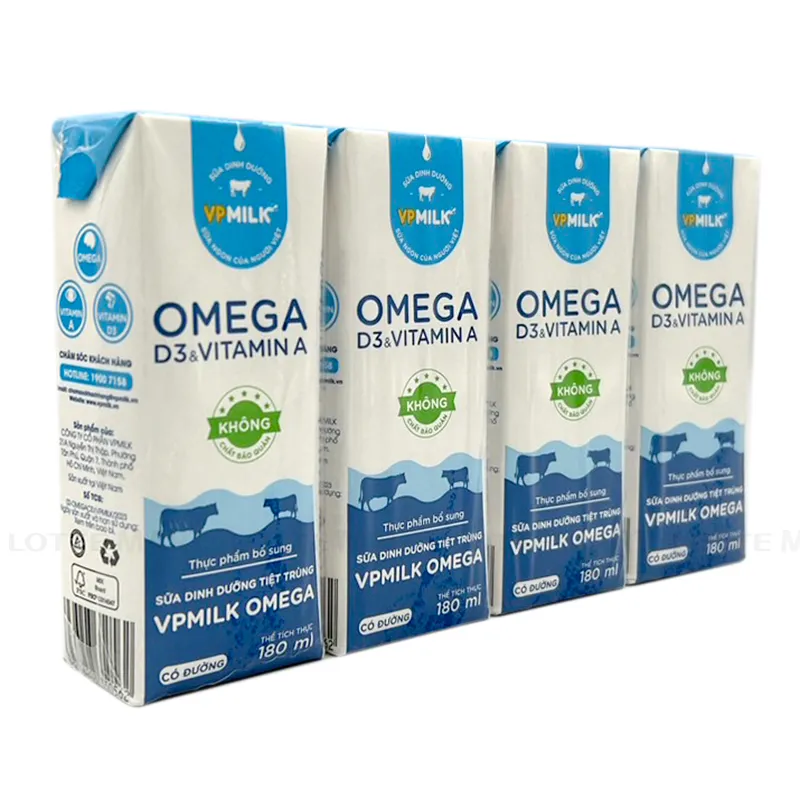 Sữa Tươi Tiệt Trùng VP Milk Omega Có Đường Lốc 4 Hộp 180ml