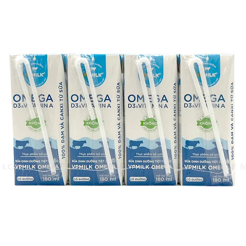 Sữa Tươi Tiệt Trùng VP Milk Omega Có Đường Lốc 4 Hộp 180ml