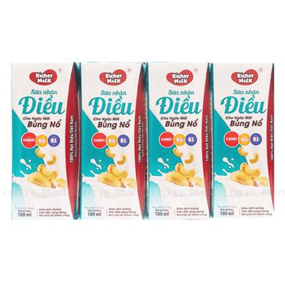 Sữa Hạt Điều Richer Milk Ít Đường Lốc 4 Hộp 180ml
